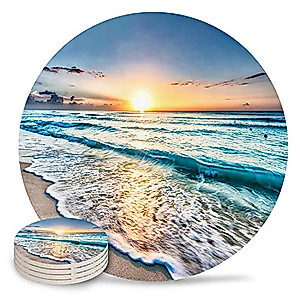 Ocean Beach Drink Coasters Absorbent Natural Ceramic Stone Bar Coasters Set of 4 - Cup Mat with Cork Backing, Housewarming Gifts for Home Kitchen Decorations Tropical Sunset Beach Ocean Wave Sea Water