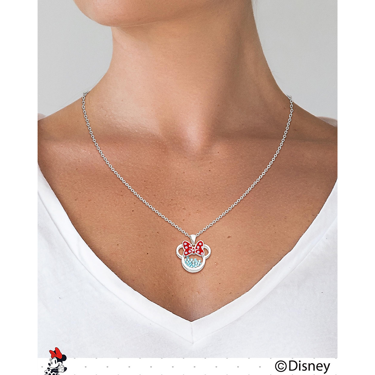 Disney Birthstone Women and Girls Jewelry Minnie Mouse Silver Plated March Aquamarine Light Blue Cubic Zirconia Shaker Pendant Necklace, 18+2" Extender