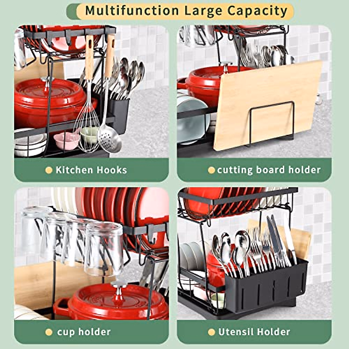 Dish Drying Rack - 2 Tier Dish Drying Rack with Drainboard Set, Large Dish Racks for Kitchen Counter, Dish Drainer Rack with Utensil Holder, Dish Strainers for Kitchen Counter, Black