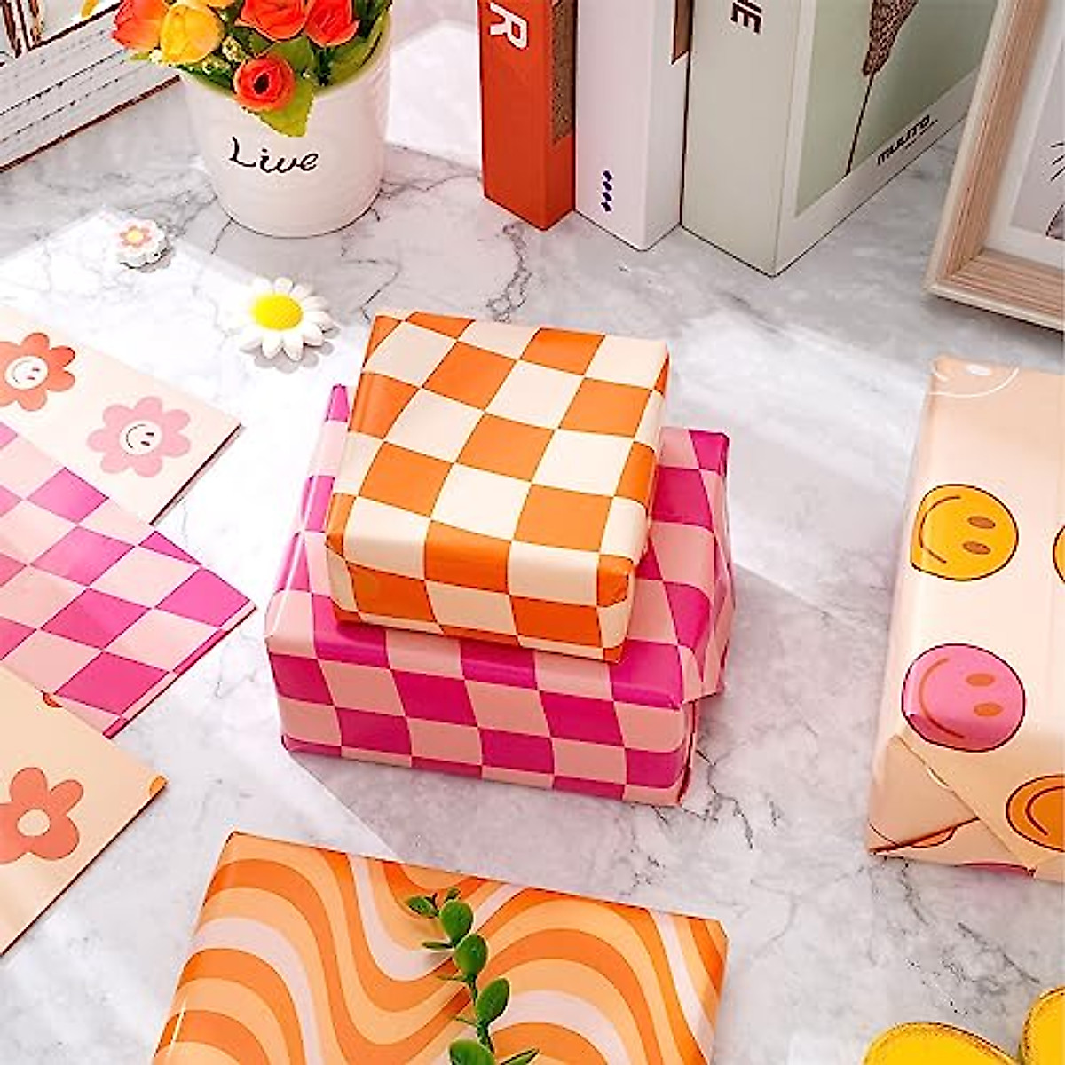 Whaline 12Pcs Retro Groovy Wrapping Paper Boho Daisy Face Checkered Gift Wrap Bulk Art Paper Folded Flat for Baby Shower Birthday Wedding DIY Crafts Gift Packing, 19.7 x 27.6 Inch