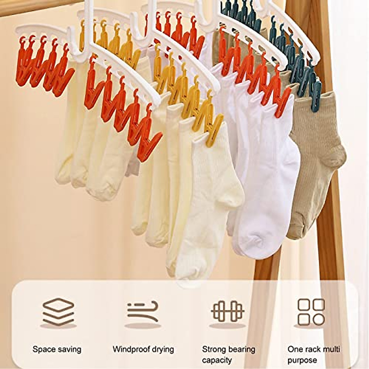LiebeWH Plastic Sock Clips Drying Rack Portable Clothes Drying Hanger Windproof Straight Rod for Camping and Holiday (White and Green)