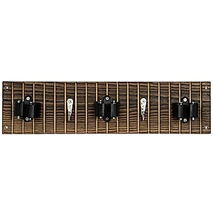 MyGift Wall Mounted Rustic Solid Burnt Wood Mop and Broom Holder Rack with Roller Clips and Vintage Brass Metal Hooks, Utility Room Organizer Storage Cleaning Tool Rack