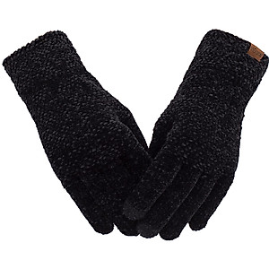 ViGrace Winter Touchscreen Gloves for Women Chenille Warm Cable Knit with 3 Touch Screen Fingers Texting Driving Elastic Cuff Thermal Glove Black,Large