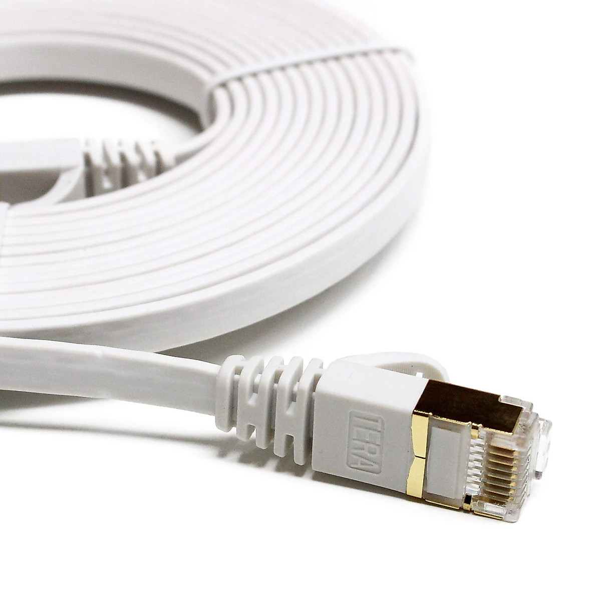 Tera Grand - 12FT - CAT7 10 Gigabit Ethernet Ultra Flat Patch Cable for Modem Router LAN Network, Gold Plated Shielded RJ45 Connectors, Faster Than CAT6a CAT6 CAT5e, White