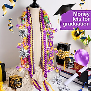 Spakon 13 Pcs Graduation Leis Graduation Candy Lei Kit Class of 2024 with 48 Inch Braided Ribbon 4.92ft PE Bag for Grad Party (Purple, Gold)