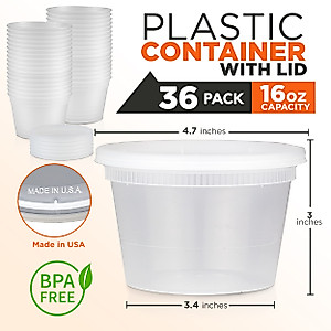 [36 Pack] Food Storage Containers with Lids, Round Plastic Deli Cups, US Made, 16 oz, Pint Size, Leak Proof, Airtight, Microwave & Dishwasher Safe, Stackable, Reusable, White