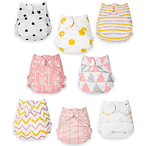BaeBae Goods Newborn Cloth Diapers – 8 Reusable Cloth Diapers for Babies with 8 Cloth Diaper Inserts – Extra Leg Lining to Avoid Leakage - Waterproof Outside Soft Inside – Adjustable Size for Girls
