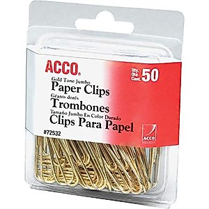 ACCO Paper Clips, Jumbo, Smooth, Gold, 50 Clips/Box (72532)