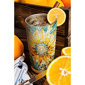 ORCAE 20oz Beautiful Colorful Daisy Flower, Stained Glass Style Flowers, Yellow White Flower Tumbler Cup, Insulated Travel Mug with Lid, Coffee Thermos for Men, Women, Gifts for Women - K