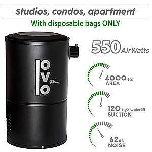 OVO, 550 AW, Compact and Powerful Central Vacuum System, Use with Disposable Filtration Bags only 18 Gal / 4.75L with 30ft Carpet Deluxe Accessory kit Included