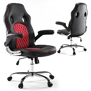 Ergonomic Gaming Chair - Mid Back PU Leather Home Office Desk Chairs, Flip Up Armrest Computer Task Chair with Lumbar Support Wheels, Rocking, and Swivel, Red