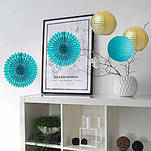 ANSOMO Teal Blue and Gold Party Decorations Turquoise Aqua Paper Fans Lanterns Tissue Pom Poms Bridal Baby Shower Birthday Wall Hanging Decor Wedding Graduation