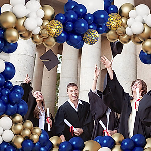 145Pcs Royal Blue and Gold Balloons, Graduation Decorations Class of 2024 Navy Blue Balloon Garland Kit Gold White Confetti Foil Crown for College Baby Shower Birthday Gender Reveal Wedding Party