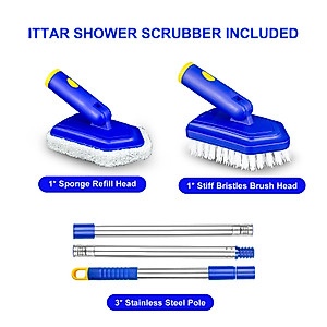 ITTAR Mutil-Purpose Scrub Brush with 3-Section Adjustable Long Handle, 56" Tub Tile Scrubber, 2-in-1 Shower Cleaning Brush & Sponge, Bathtub Cleaner Scrubber for Cleaning Walk-in Shower Bathroom