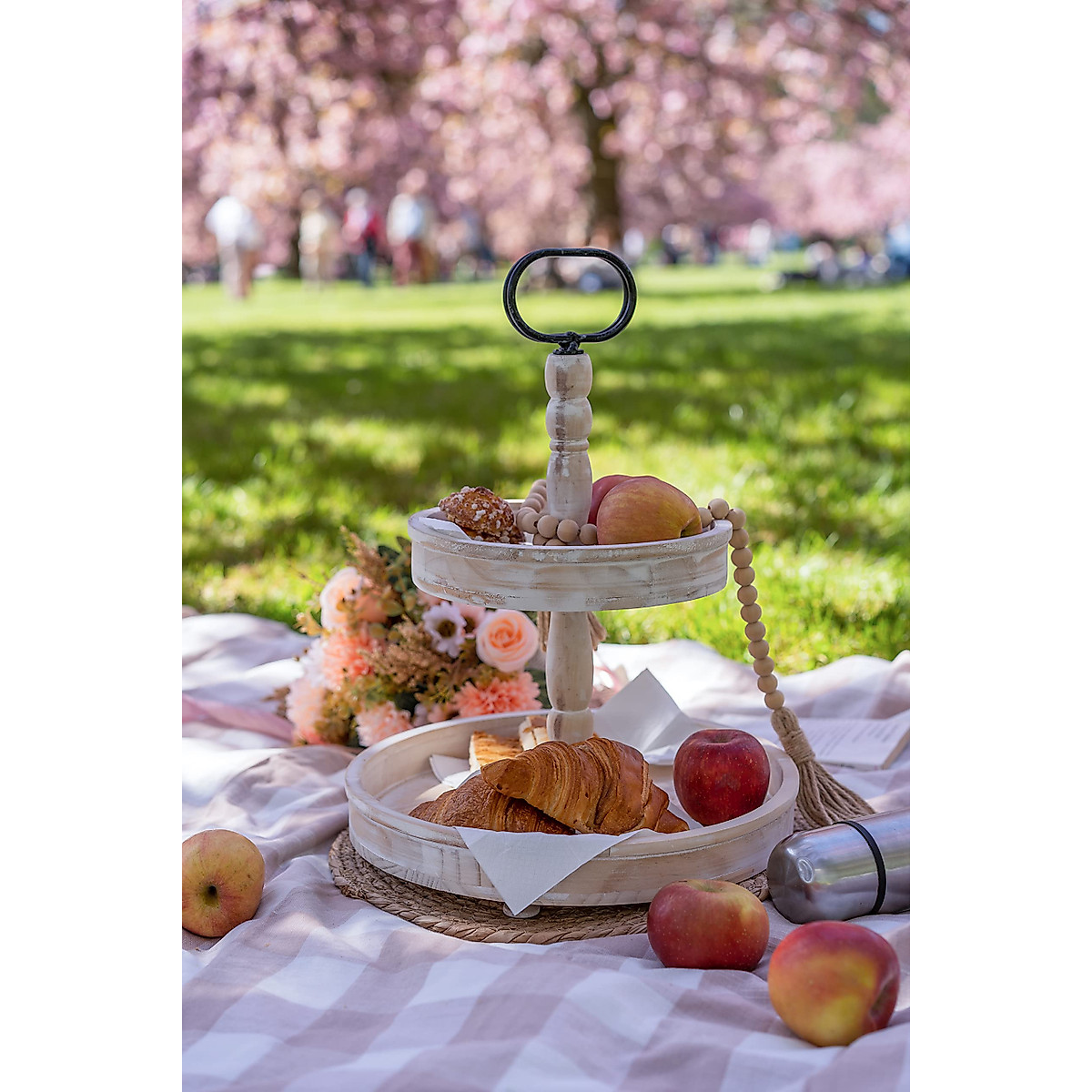 BonzaiKit Two Tier Wood Tray with Wooden Beads - Farmhouse Rustic 2 Tiered Serving Stand for Kitchen & Home Decor - Cupcake Stand with Metal Holder