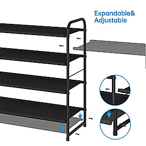 Simple Trending 4-Tier Stackable Shoe Rack, Expandable & Adjustable Fabric Shoe Shelf Storage Organizer, Black