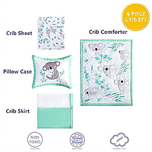 Little Grape Land 4 Piece Crib Bedding Set, Crib Sheet, Crib Skirt, Baby Quilt and Pillow Cover, Nursery Bedding Set, Baby Comforter Set for Toddler, Kids, Boys and Girls, Green Koala