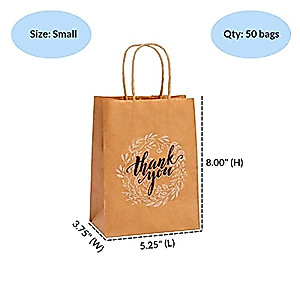 OSpecks 50 Count Small Thank You Gift Bags Bulk with Handle, Brown Kraft Paper Bags for Retail Shopping, Wedding, Goodies, Merchandise for Customers or Guests, Size 5.25 x 3.75 x 8 Inches