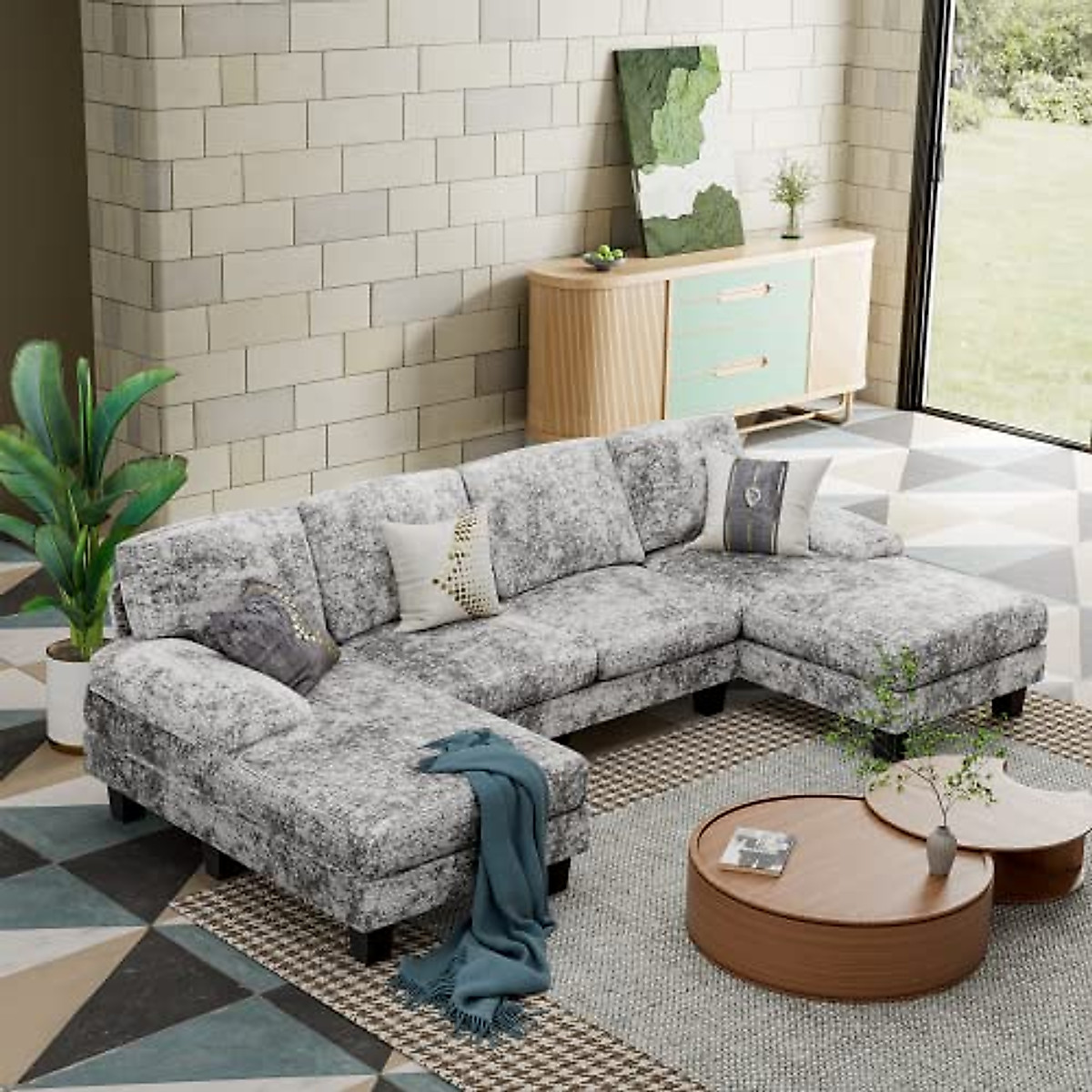 Flamaker Convertible Sectional Sofa Couch, Modern Fabric U-Shaped Living Room Furniture Set, 4-Seat Sectional Sleeper Sofa with Double Chaise & Memory Foam (Grey)