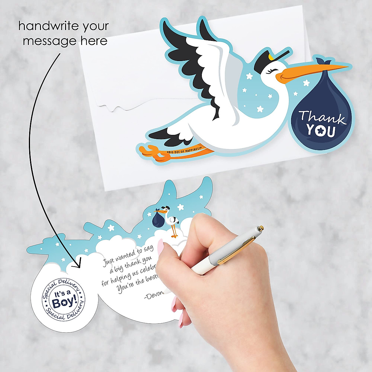 Big Dot of Happiness Boy Special Delivery - Shaped Thank You Cards - It’s A Boy Stork Baby Shower Thank You Note Cards with Envelopes - Set of 12