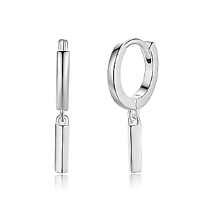 Lavishe Rhodium Plated Sterling Silver Huggie Hoop Dangle Bar Drop Earrings