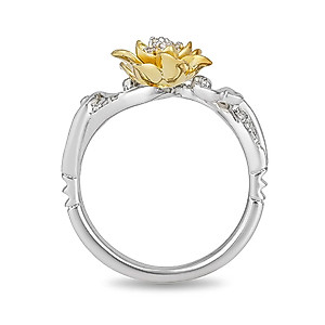 Jewelili Enchanted Disney Fine Jewelry Sterling Silver and 10K Yellow Gold 1/10 Cttw Diamond Tiana Water Lily Ring Size 7