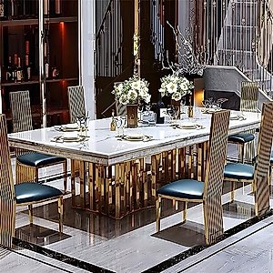LAKIQ Luxury Style Marble Dining Table Modern Rectangle Kitchen Dining Room Table Gold Metal Pedestal Table-Table Only-Without Chairs (White,63" L x 35.4" W x 29.5" H)