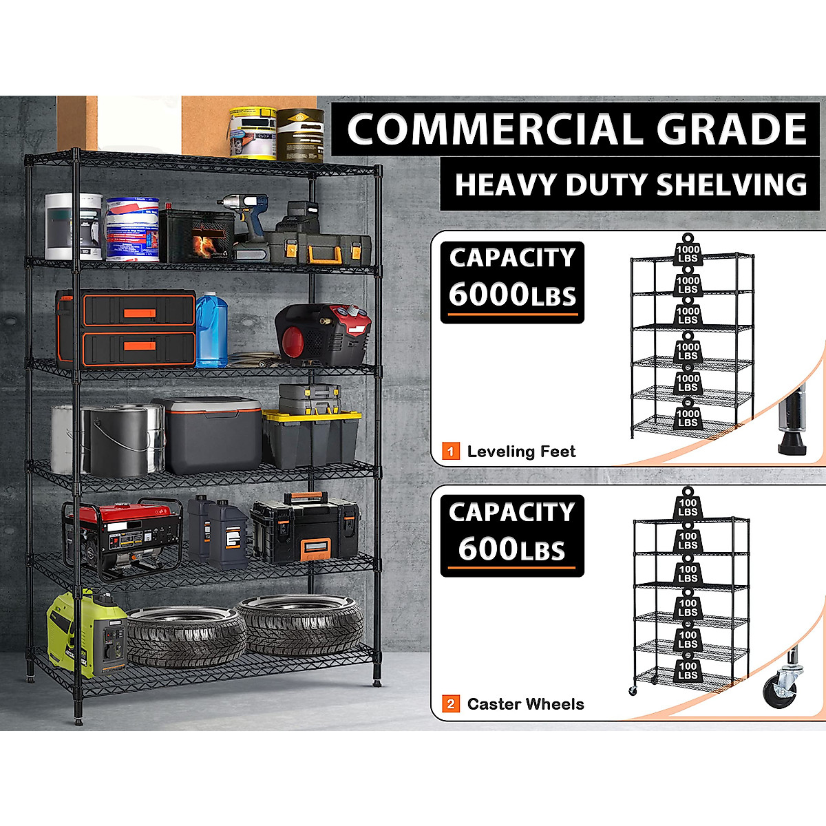 Garage Storage Shelves, 6000 Lbs Capacity NSF Certified Heavy Duty Garage Shelving with Wheels, 6 Tier Adjustable Metal Shelving for Garage Basement, Storage Rack Utility Shelf 48"Lx 18"Wx 78"H