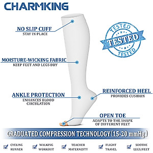 CHARMKING 3 Pairs Open Toe Compression Socks for Women & Men Circulation 15-20 mmHg is Best for All Day Wear Running Nurse (05 White/White/White, L/XL)