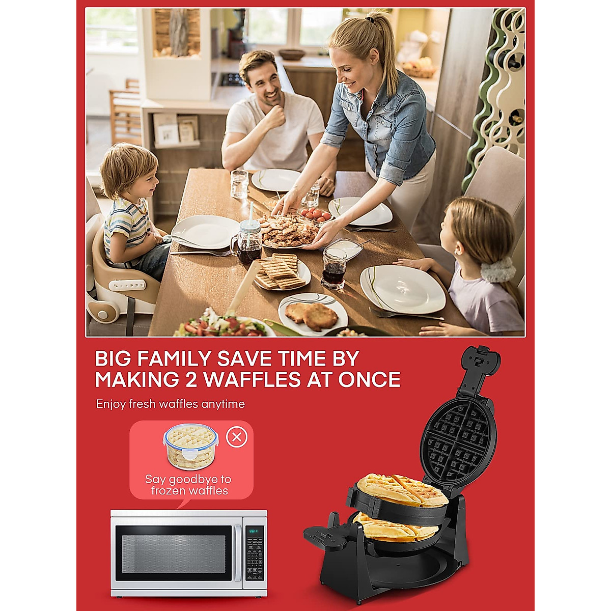 Waffle Maker, Belgian Waffle Maker Iron 180° Flip Double Waffle, 8 Slices, Rotating & Nonstick Plates, Removable Drip Tray Easy to Clean, Cool Touch Handle, Handle Lock for Easy Storage, 1400W (Red)