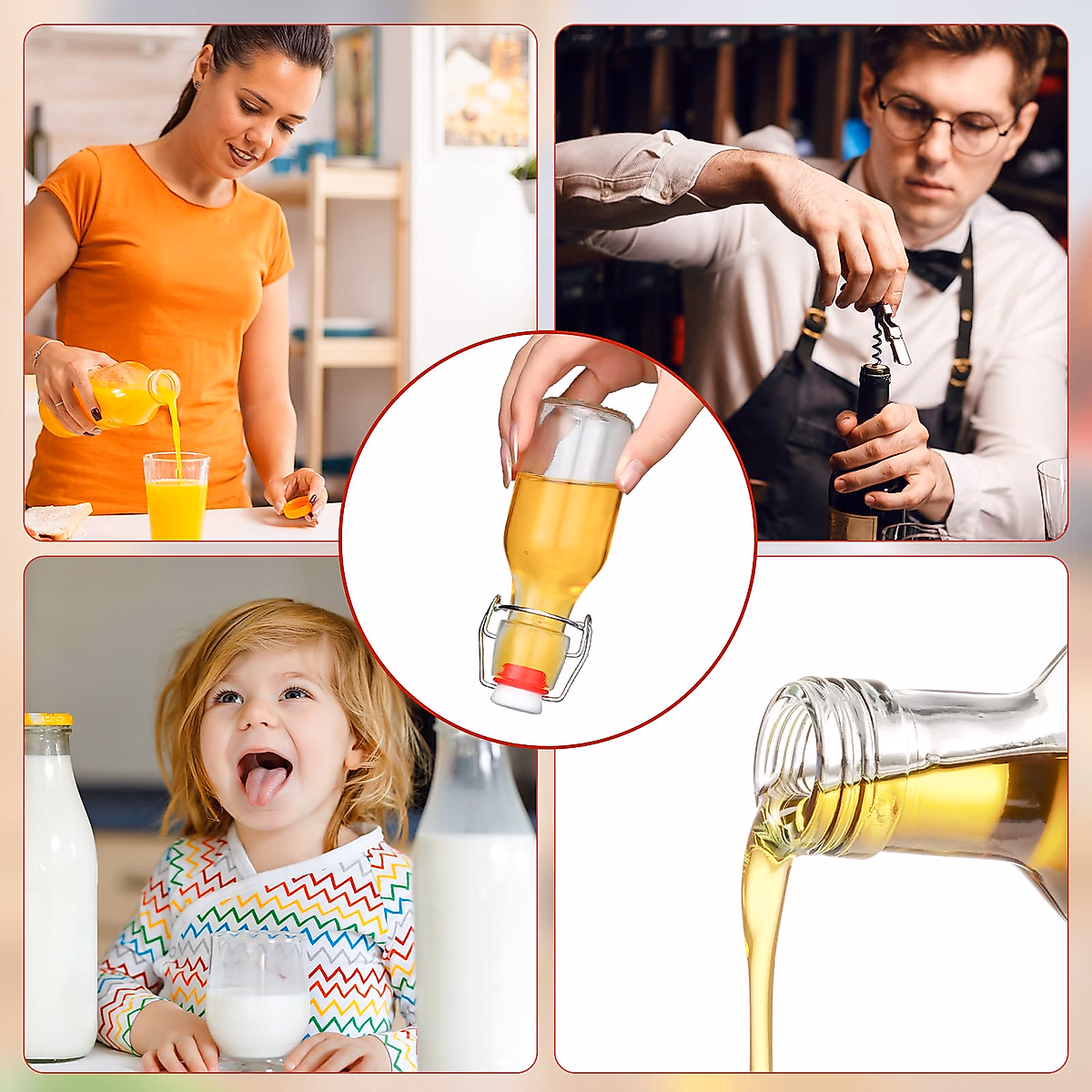 Flip Top Glass Bottles with Caps Beer Clear Swing Top Glass Vinegar Kombucha Bottles with Stoppers Airtight Lids for Wedding Themed Baby Shower Christmas Gifts(12 Pcs,3.38 oz)