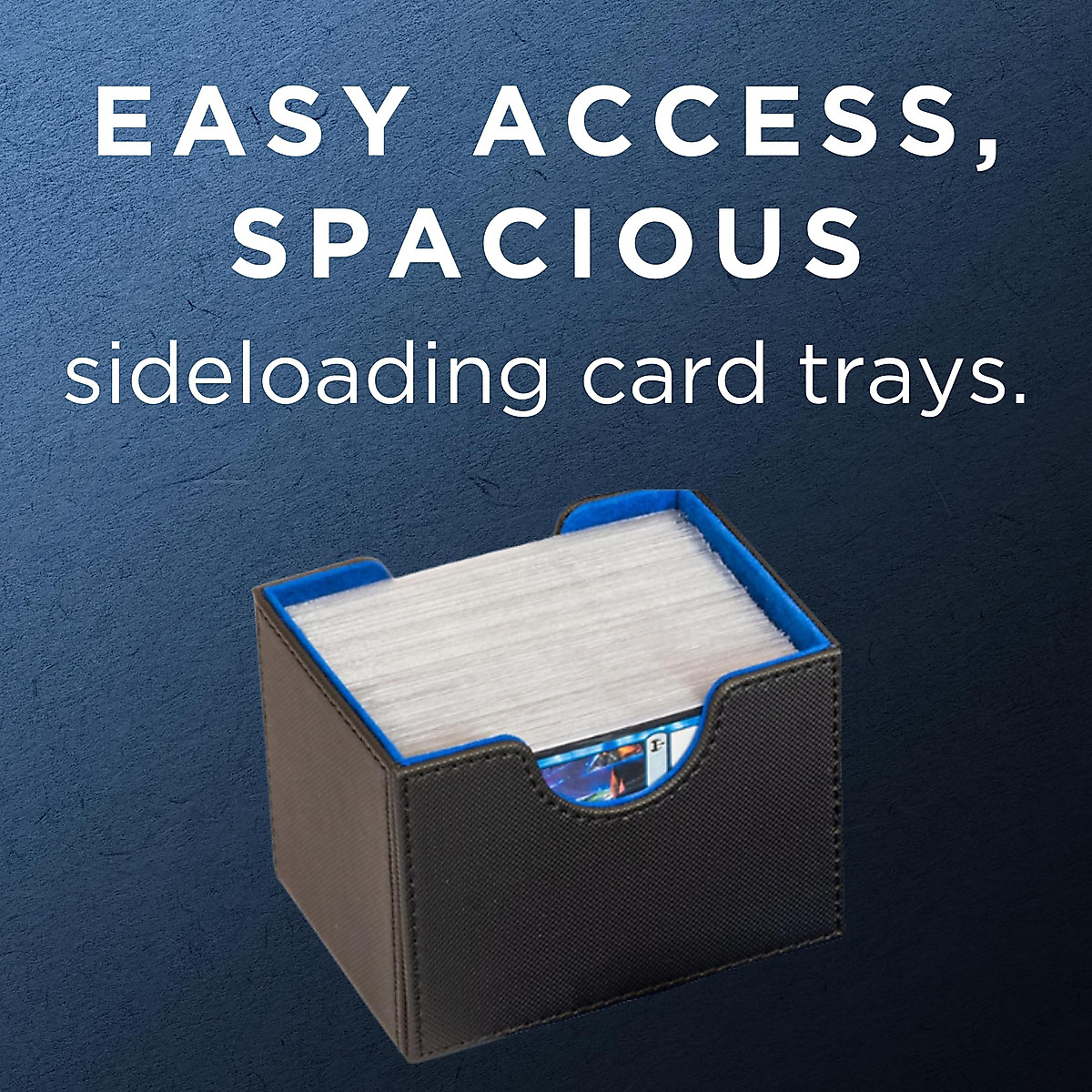 Durable Double Deck Box with Dice Tray - MTG Deck Box Commander Friendly - Protects 200+ Double Sleeved Cards - Designed for MTG Commander Deck Box with Sideloading Card Trays (Blue Interior)