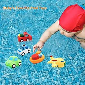 Toddler Bath Toys Bathtub Toy - Kids Floating Water Spray Toy Fun Bathtime with Boat, Plice Car,Fire Truck and Plane Plastic Toy for Baby Boys and Girls