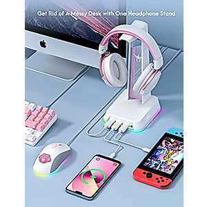 PHNIXGAM RGB Headphone Stand with 3.5mm AUX and 3 Port USB 2.0 Hub, Universal Gaming Headset Hanger Holder for Computer Gaming Gamer Accessories (White)