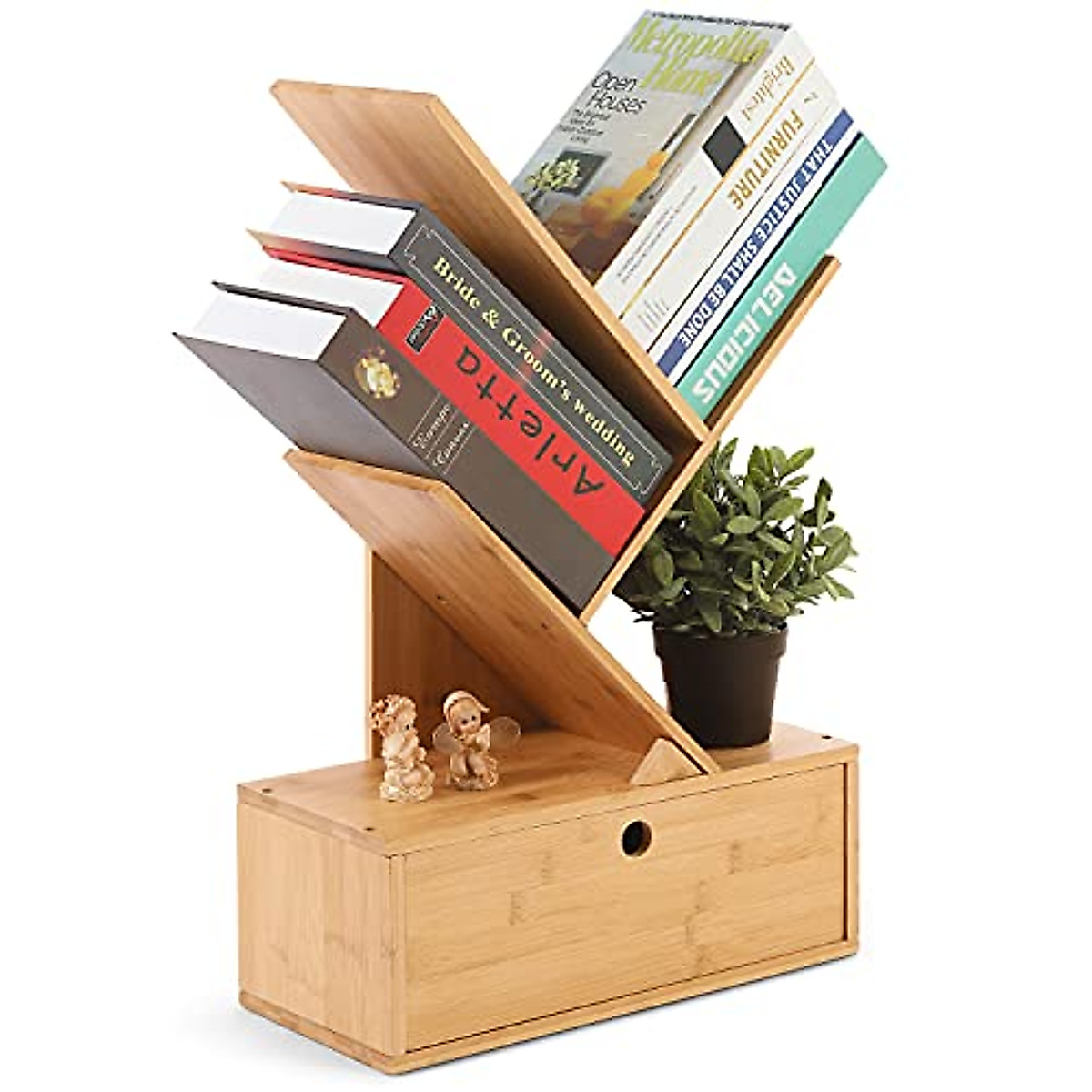HYNAWIN Bamboo Tree Bookshelf with Drawers, Countertop Organizer, 3-Tier Desktop Display Bookcase in Living Room/Home/Office, Free Standing Storage Rack for Books/Magazines/CDs/Files/Photo Albums