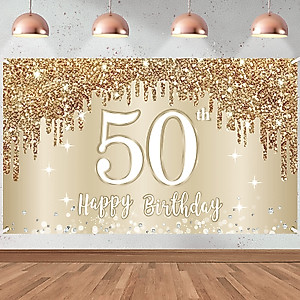 Happy 50th Birthday Banner Backdrop Decorations for Women, Gold White 50 Birthday Sign Party Supplies, Fifty Year Old Birthday Photo Booth Background Poster(72.8 x 43.3 Inch)