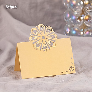 Table Card for Wedding Bride Shower Dinner, Reception, Banquet, Buffet Food, Seating Place Cards for Tables, Scored for Easy Folding, Hollow Flower Design, 50 Pack (Platinum)