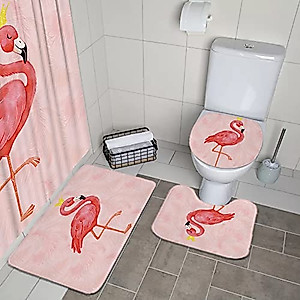 GSAARDEO Bathroom Decorative Shower Curtain 4-Piece Set with U-Shaped Floor Mat, Toilet Cover, Anti-Slip Floor Mat, Cute Animal Shower Curtain (Pink Flamingo, 72×72 in)