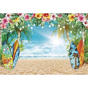 Felortte 7x5FT Polyester Fabric Summer Hawaiian Beach Backdrop Sky Ocean Tropical Flower Palm Leaves Surfboard Photography Background for Luau Aloha Party Decoration Banner Picture Photo Booth2