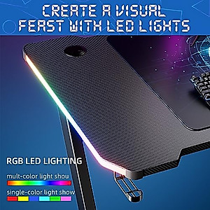 Kemon Gaming Desk with LED Lights, Z Shaped PC Gaming Table Computer Desk Ergonomic Home Office Desks, Carbon Fibre Surface Gamer Workstation with Mouse Pad, Cup Holder and Headphone Hook (63 inch)