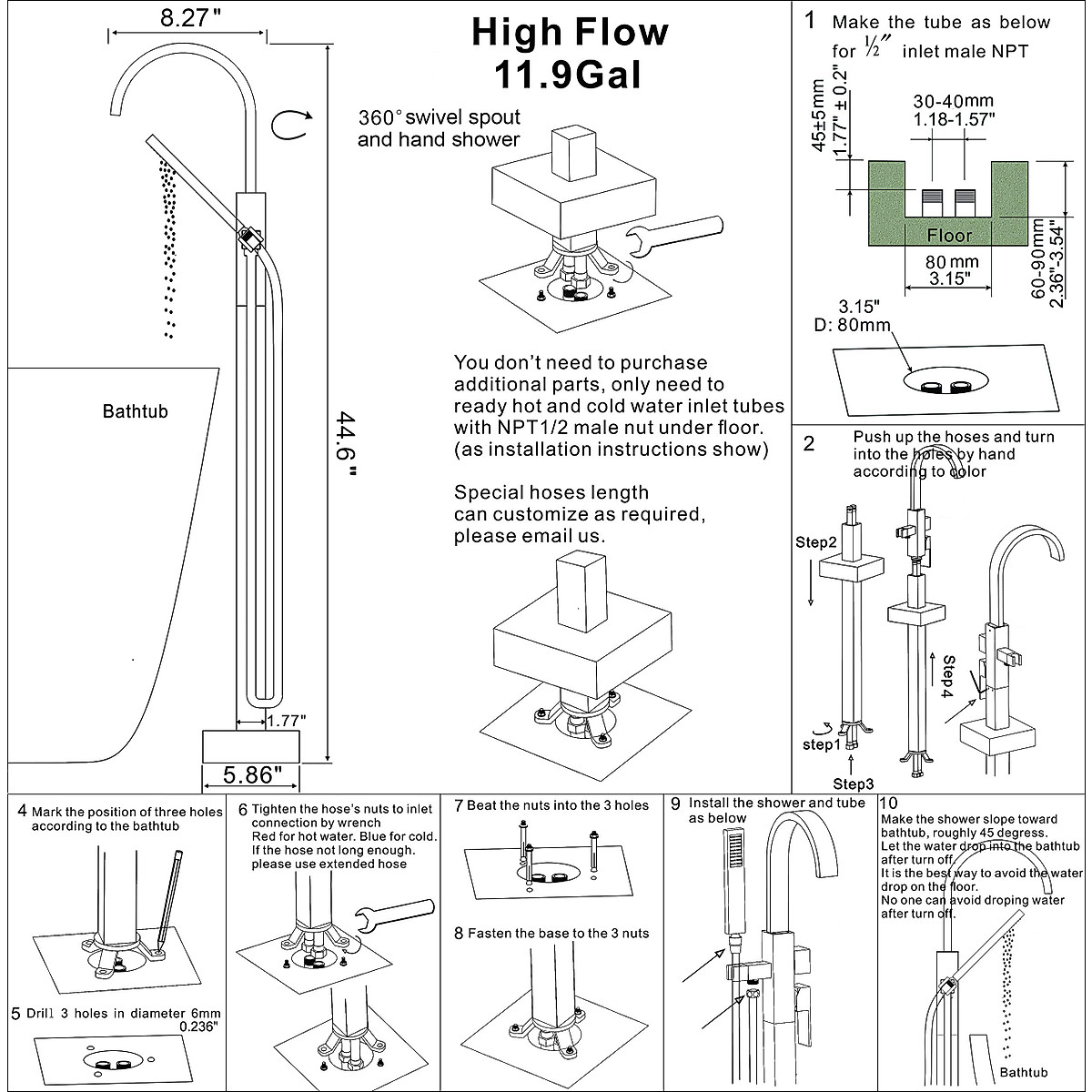 LLGG Freestanding Tub Faucets Brushed Gold Bathtub Fillers Floor Mounted Mount Faucet Filler For Bathtubs Tubs High Flow 11.9GPM Bathroom With Handheld Shower