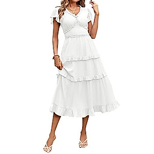 MEROKEETY Womens Summer Casual V Neck Ruffle Sleeve High Waist Smocked Flowy Midi Dress, White, M