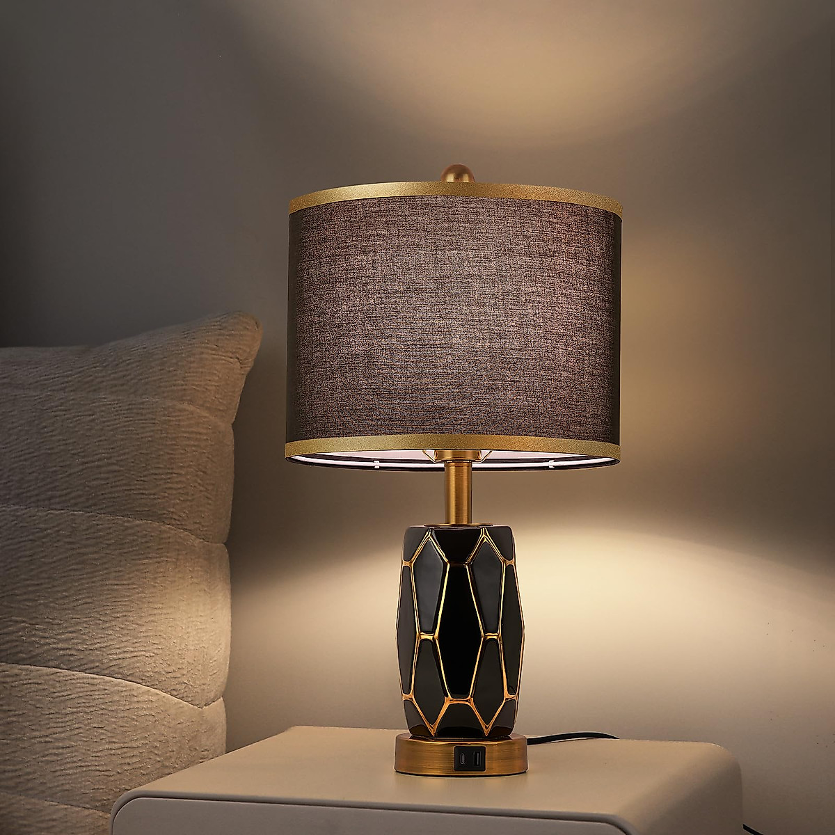 workluurop Set of 2 Touch Control Table Lamps for Bedroom Livingroom,Modern Black/White Ceramic Lamp with USB Ports,Bedside Nightstand Lamp with Fabric Drum Lampshade,Blubs Included(Black)