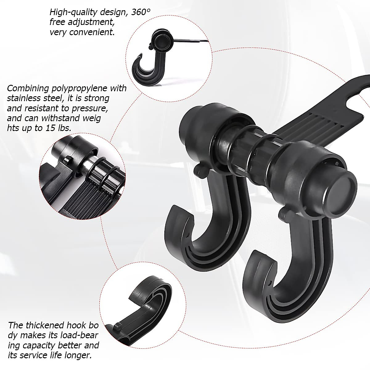 BELOMI 2PCS Car Seat Headrest Hook, 360° Adjustable Storage Double Hooks, Multi-Functional Swivel Organizer, Vehicle Backseat Hanger Interior Accessories for Handbag Purse Cloth Grocery