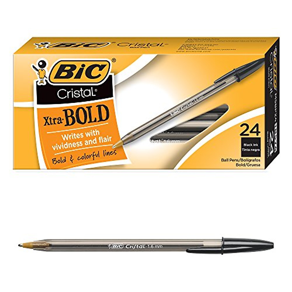 BIC Cristal Xtra Bold Ballpoint Pen, Bold Point (1.6mm) For Vivid And Dramatic Lines, Black, 24-Count