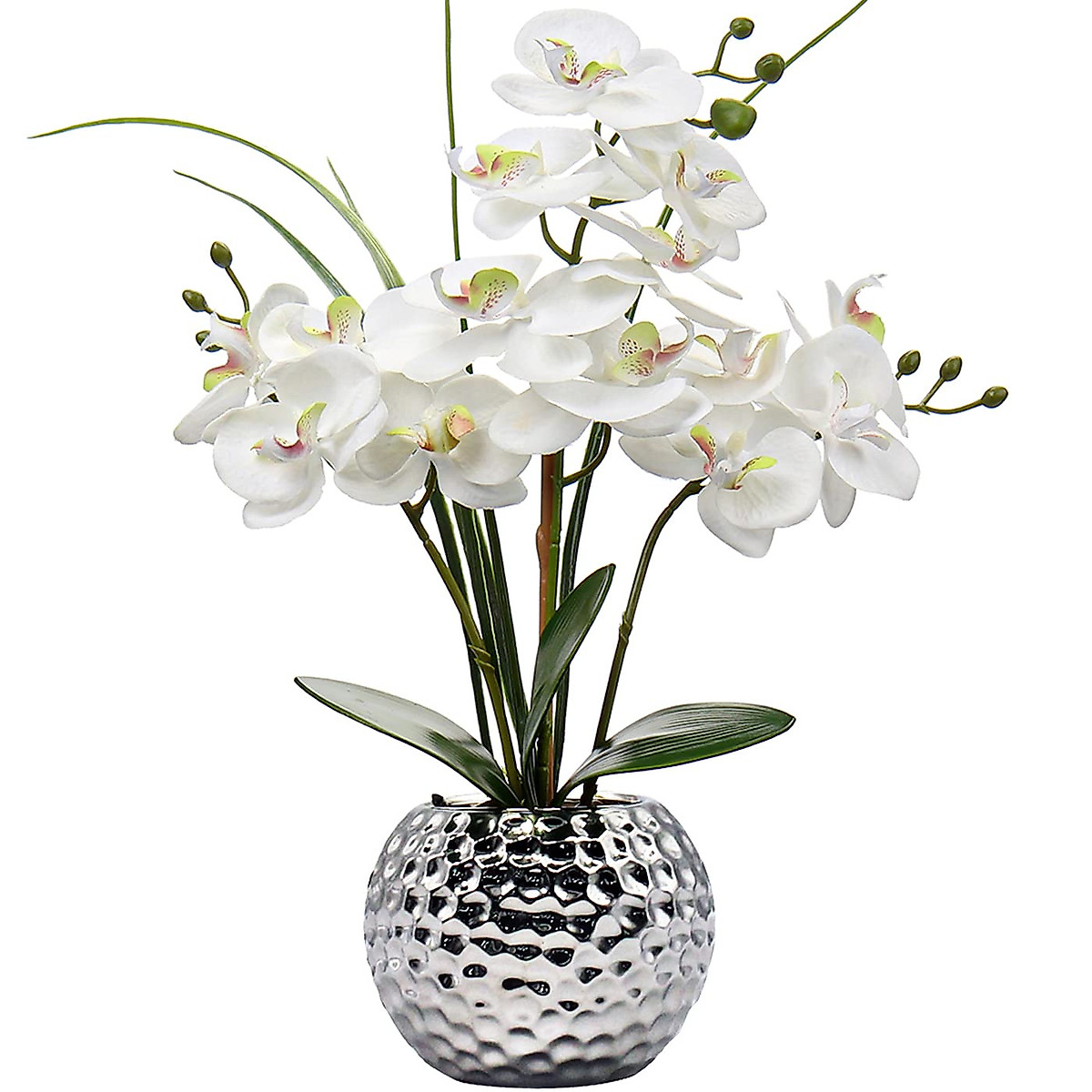 Orchids Artificial Flowers 20.8'' Faux Orchid Flower Arrangement Fake Orchid White Flower with Silver Ceramic Vase Phalaenopsis Orchid for Home Office Bathroom Table Centerpieces Decor, Briful