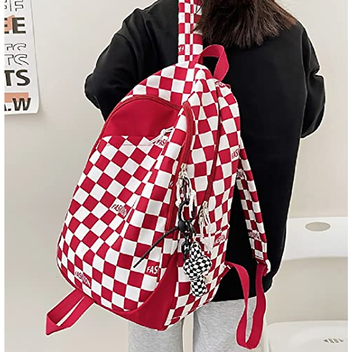 Cute Backpack Comes with Checkered Pendants for free Klein Blue Plaid Kawaii Teen (Red)