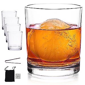CUCUMI 11oz 6pcs Whiskey Glasses Old Fashioned Glasses Includes Chilling Stones, Ice Clip, Scotch Rocks Glasses Bourbon Glassware Gifts for Men