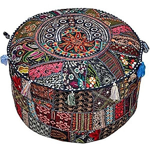 Indian Patchwork Pouf Cover Indian Living Room Pouf, Decorative Ottoman,Embroidered Designer Ottoman, Home Living Footstool Chair Cover, Bohemian Ottoman Pouf Decor (22 Inches, Black)