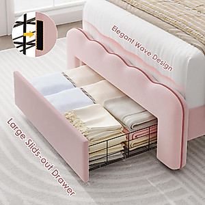 HOSTACK Twin Upholstered LED Bed Frame with Storage Drawer, Cute Girls Bed with Adjustable Lotus Headboard, Velvet Princess Platform Bed Frame, Wooden Slats Support, No Box Spring Needed, Pink/Beige